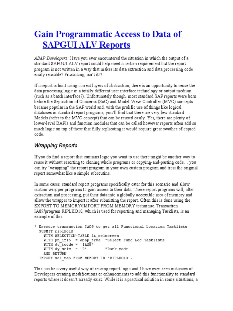 Gain Programmatic Access To Data of SAPGUI ALV Reports | PDF | Parameter (Computer Programming ...
