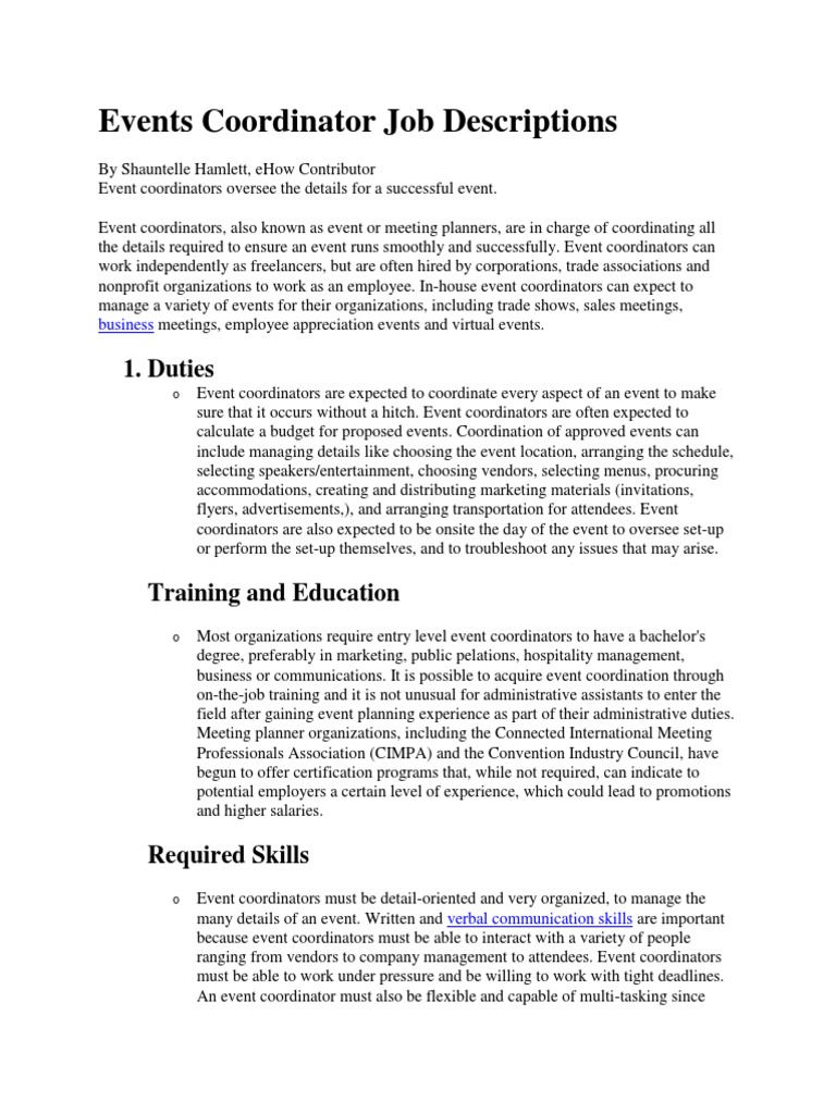 Events Coordinator Job Descriptions: 1. Duties | PDF