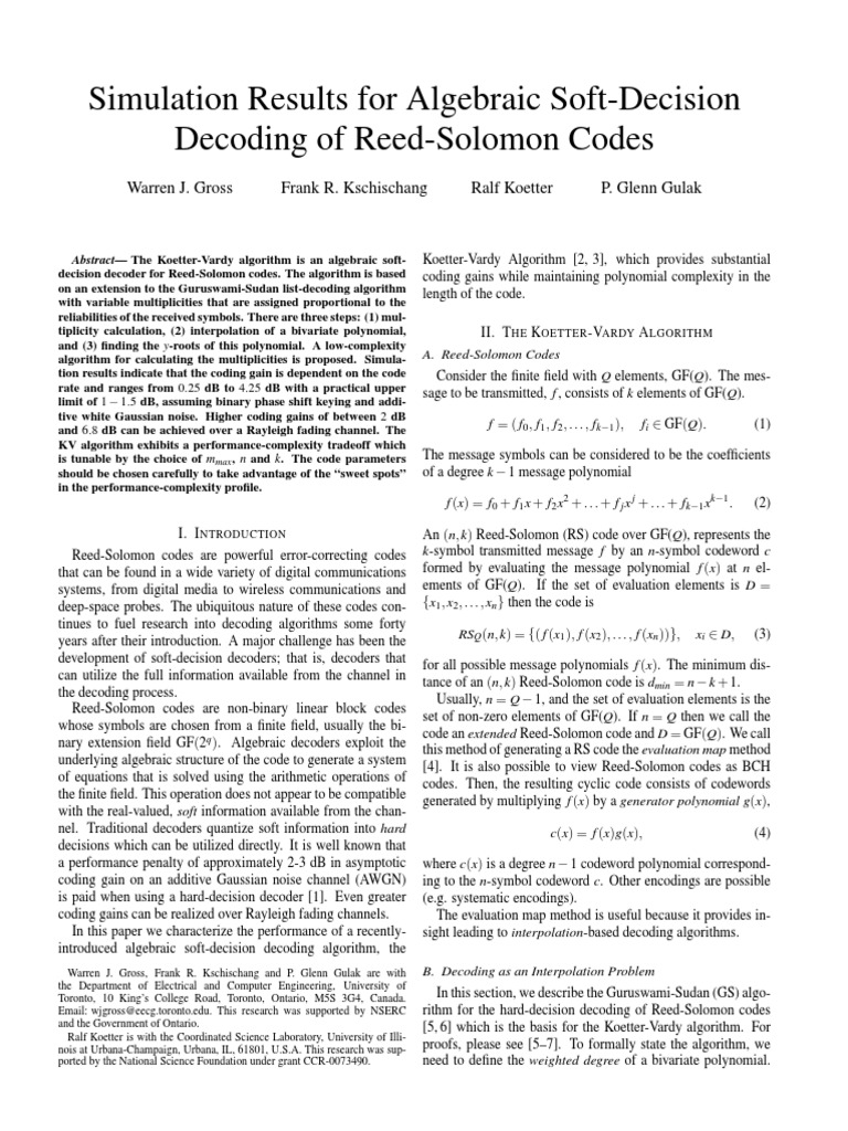 Simulation Results For Algebraic Soft-Decision Decoding of Reed-Solomon Codes | PDF | Forward ...