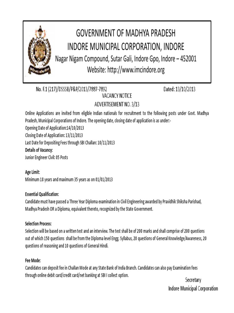 Government of Madhya Pradesh Indore Municipal Corporation, Indore | PDF ...