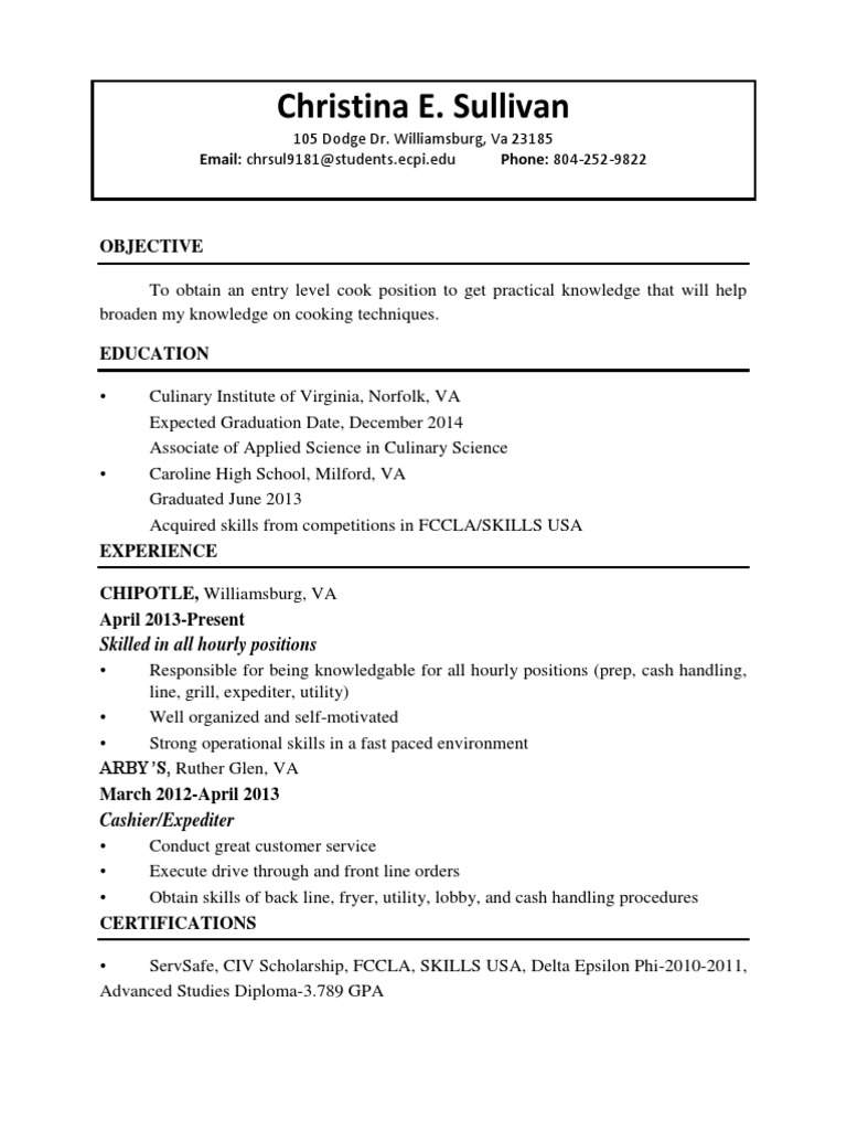 Entry-Level Cook Resume: Christina Sullivan | PDF
