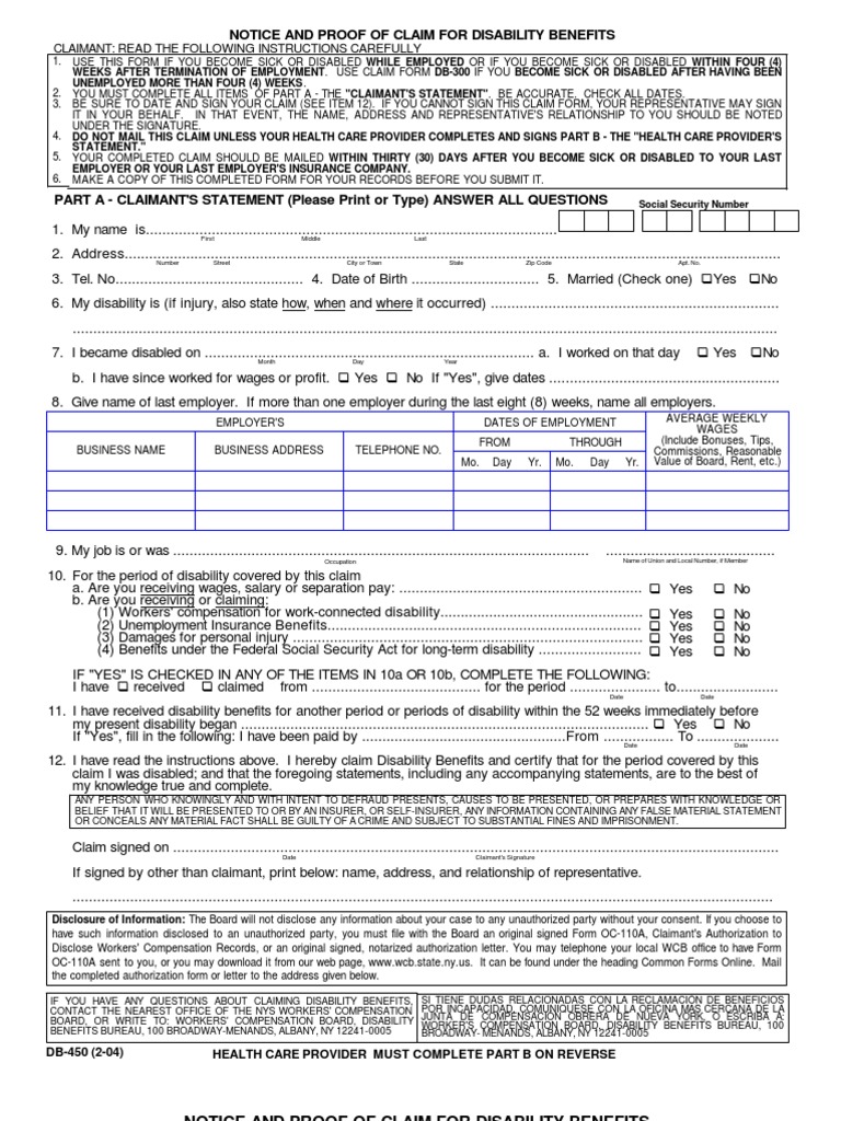 Form DB-450 Claim For Disability Benefits | PDF | Workers' Compensation ...
