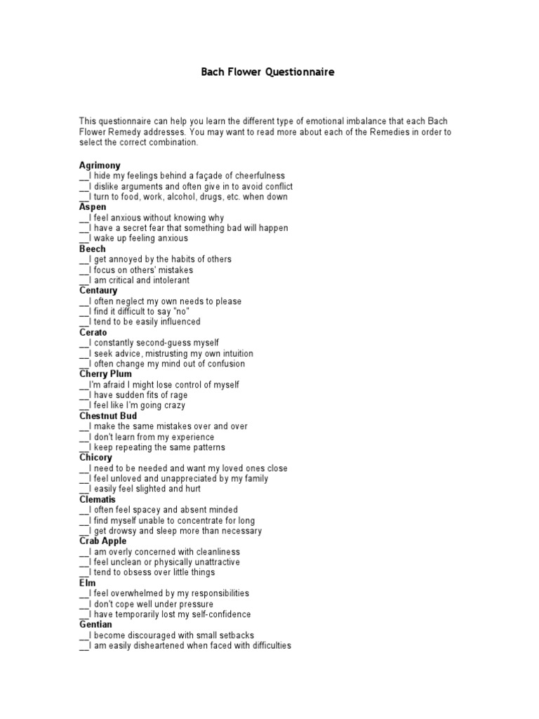 Bach Flower Remedies Questionnaire | PDF | Self-Improvement