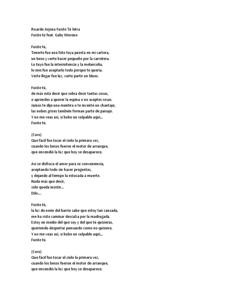 Letra de "Fuiste Tú" - Ricardo Arjona | PDF | Novela negra, policíaca y ...