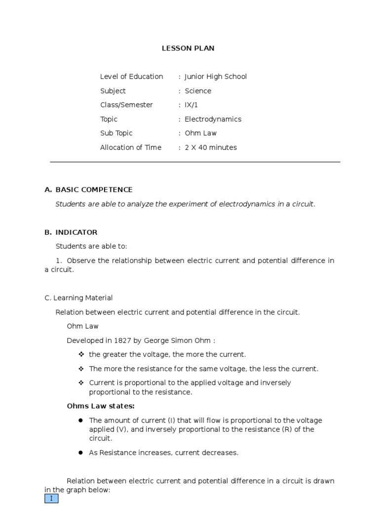Lesson Plan Ohm Law | PDF | Volt | Electrical Resistance And Conductance