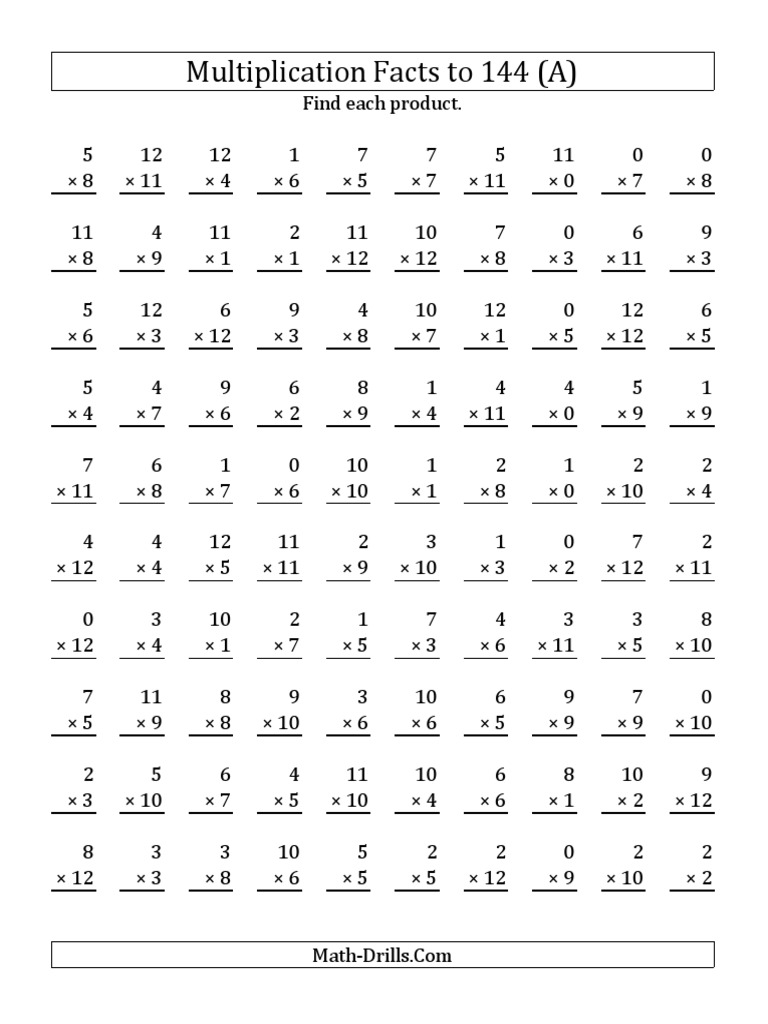 Multiplication Facts To 144 Zeros All | PDF | Algebra | Linear Algebra