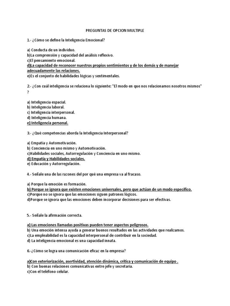 Preguntas de Opcion Multiple | PDF | Las emociones | Inteligencia emocional