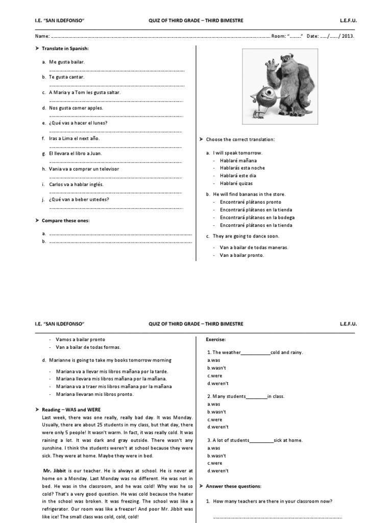Third Grade Spanish Quiz: Third Bimestre | PDF | Language Arts ...