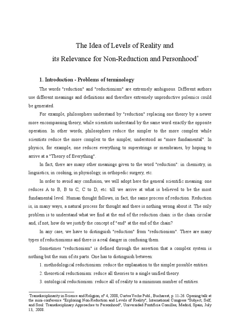The Idea of Levels of Reality and Its Relevance For Non-Reduction and ...