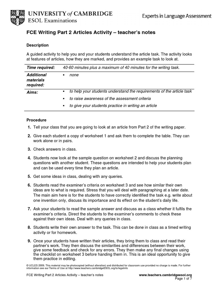 Fce Writing Part 2 Articles Activity | PDF | Question | Test (Assessment)