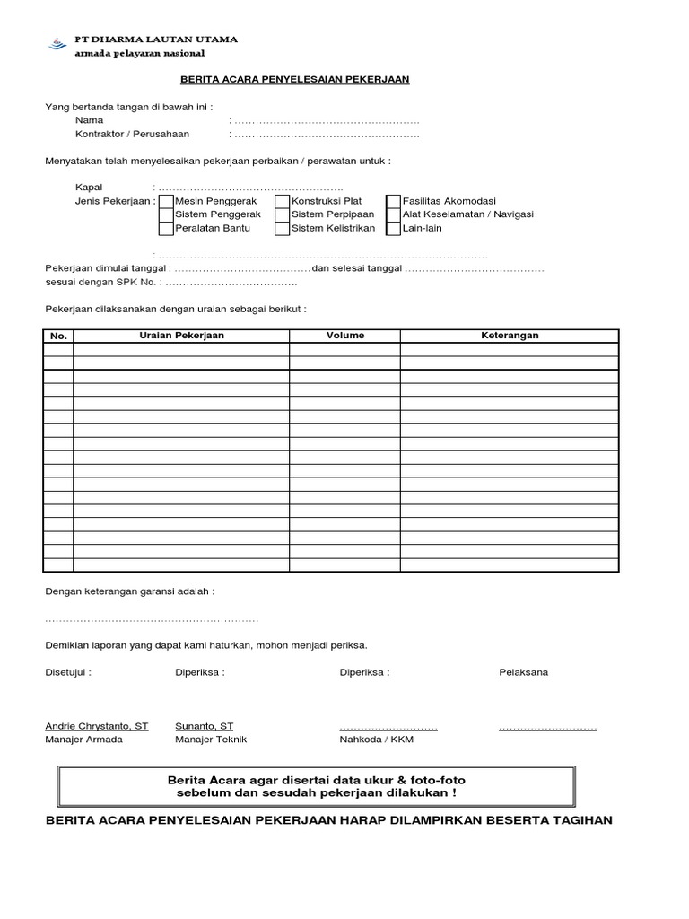 Dharma Lautan UTama - Berita Acara Penyelesaian Pekerjaan - 2013 | PDF ...