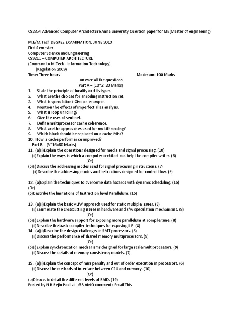 CS2354 Advanced Computer Architecture Anna University Question Paper ...