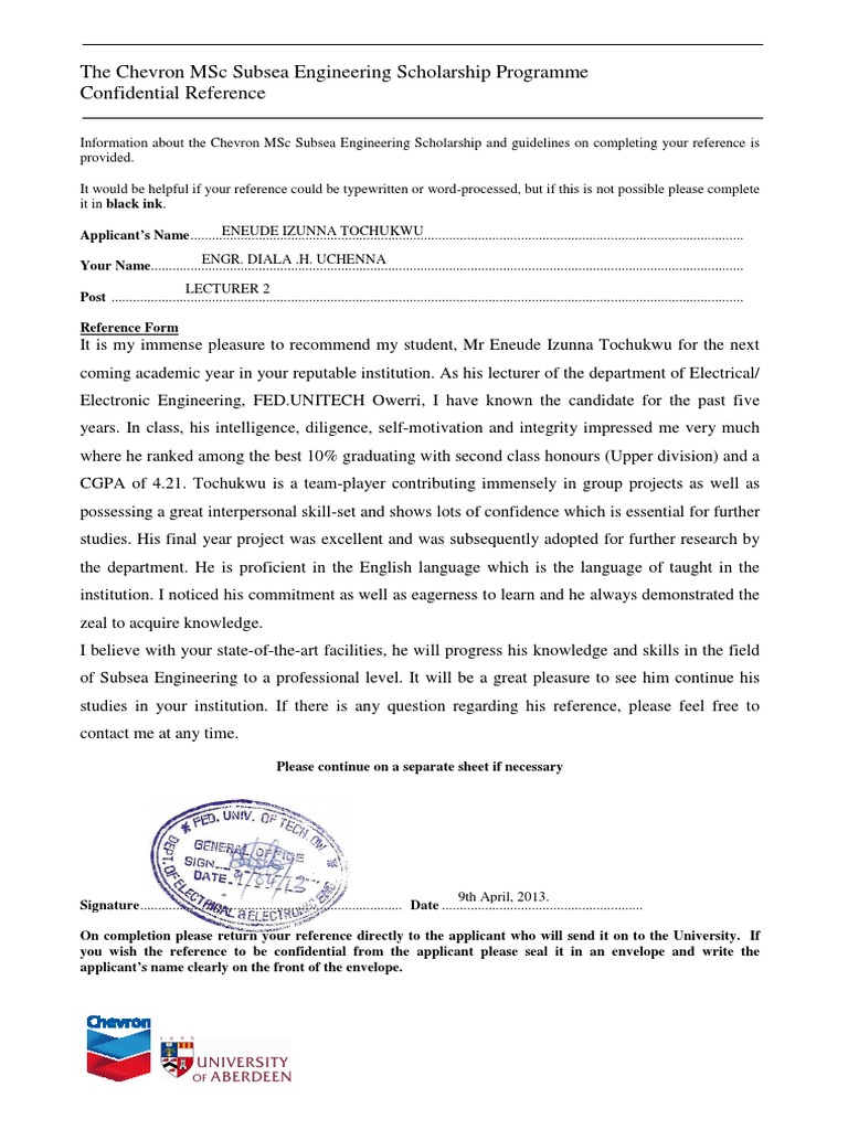 Chevron MSC Subsea Engineering Scholarship Reference Form 2013-14-1 PDF ...