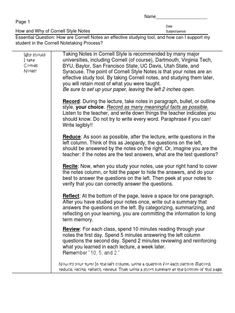 How and Why of Cornell Notes | PDF