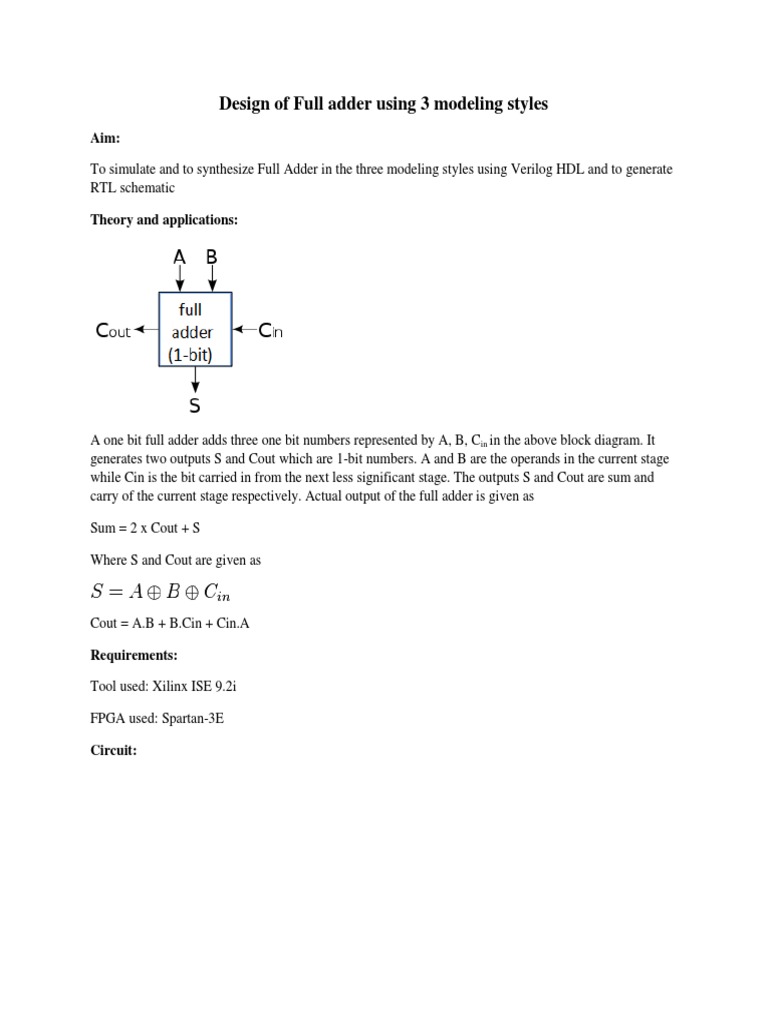 Full Adder Design Using Verilog HDL in Three Modeling Styles | PDF ...