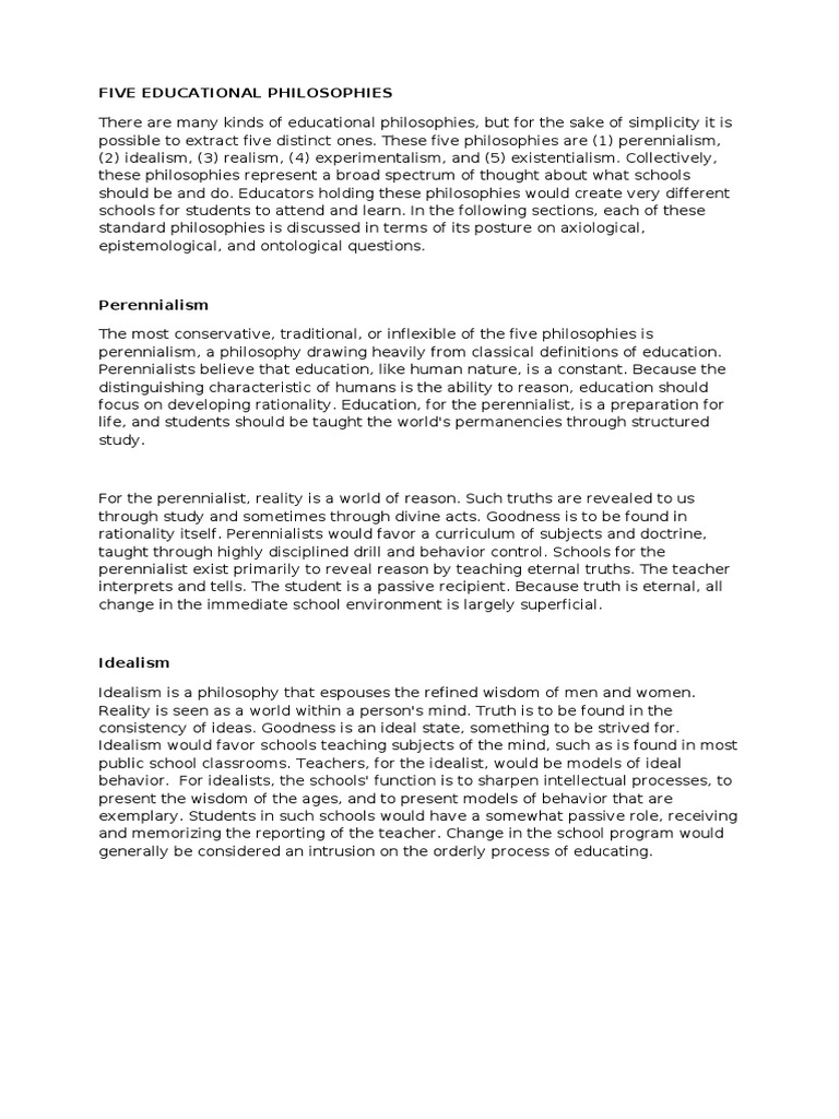 Five Educational Philosophies Pdf Philosophy Of Education Idealism