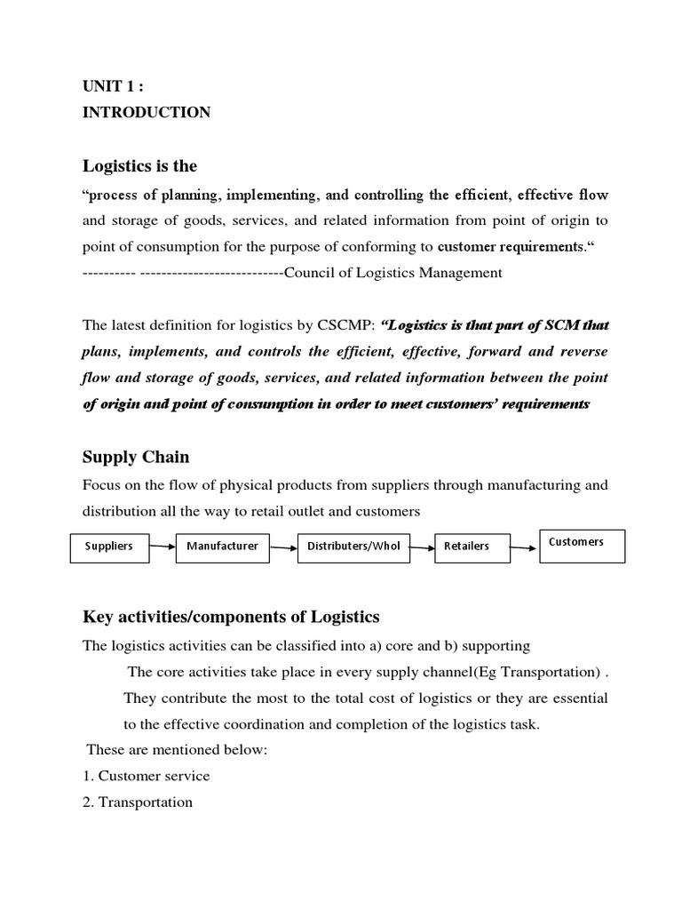 UNIT 1 Logistics | PDF | Logistics | Supply Chain