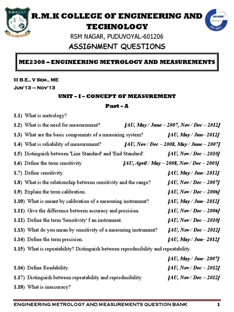 Metrology and Measurements Question Bank | PDF | Gear | Accuracy And ...