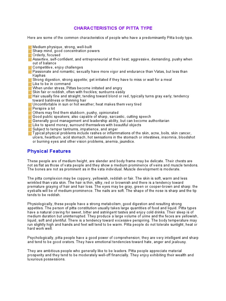 Characteristics of Pitta Type | PDF | Anxiety | Hair