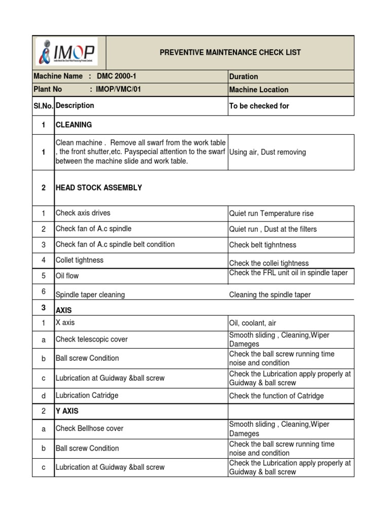 VMC Preventive Master Check List | PDF | Switch | Oil