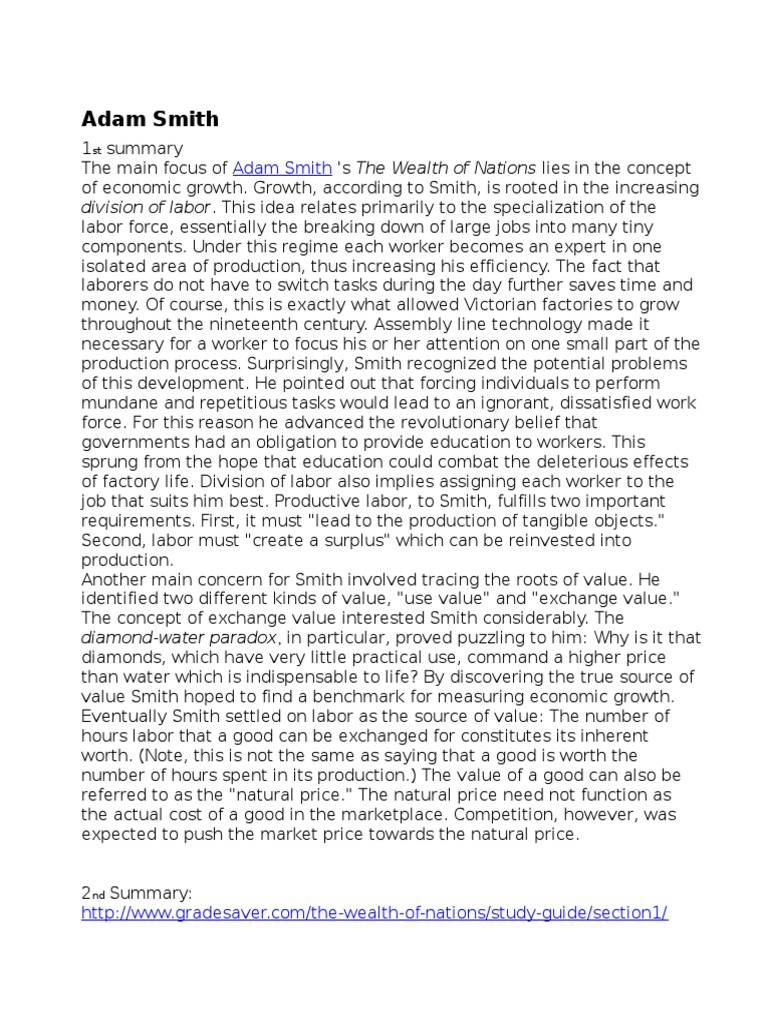 Adam Smith Summary | PDF | Division Of Labour | Value (Economics)