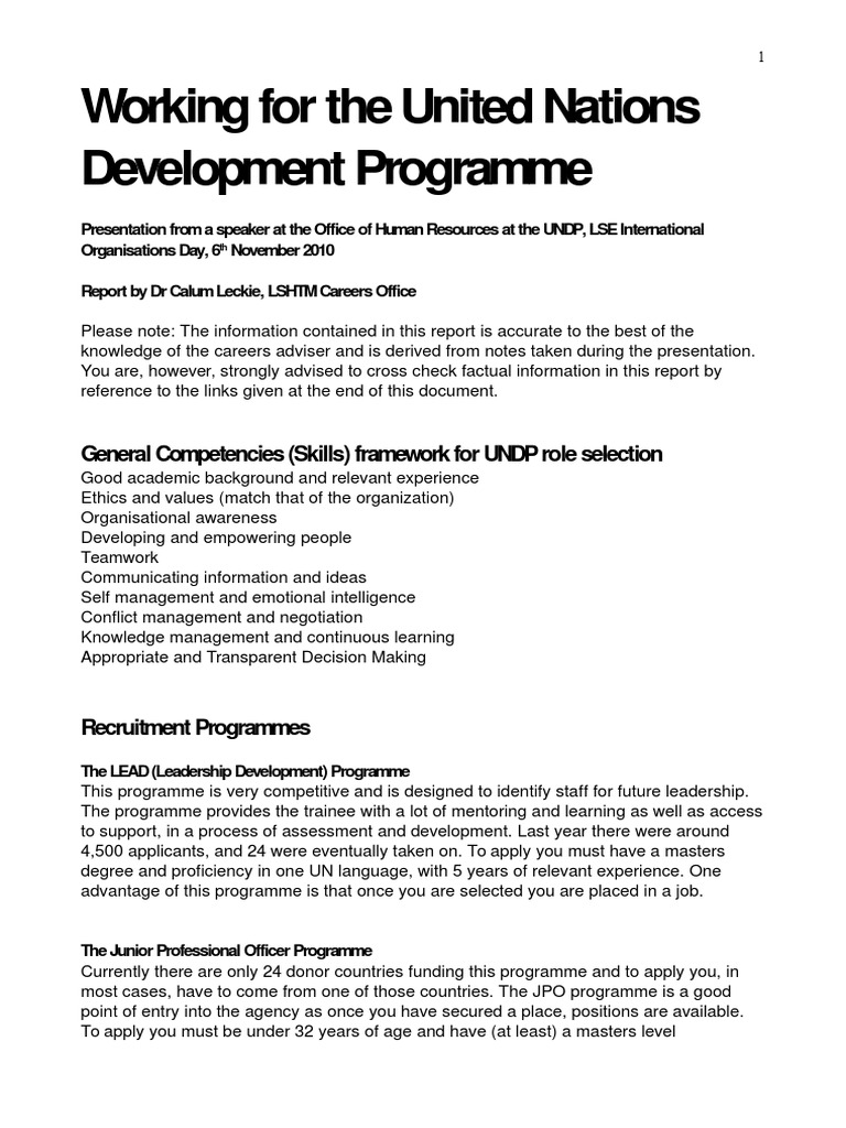 Working For The United Nations Development Programme: General Competencies (Skills) Framework ...