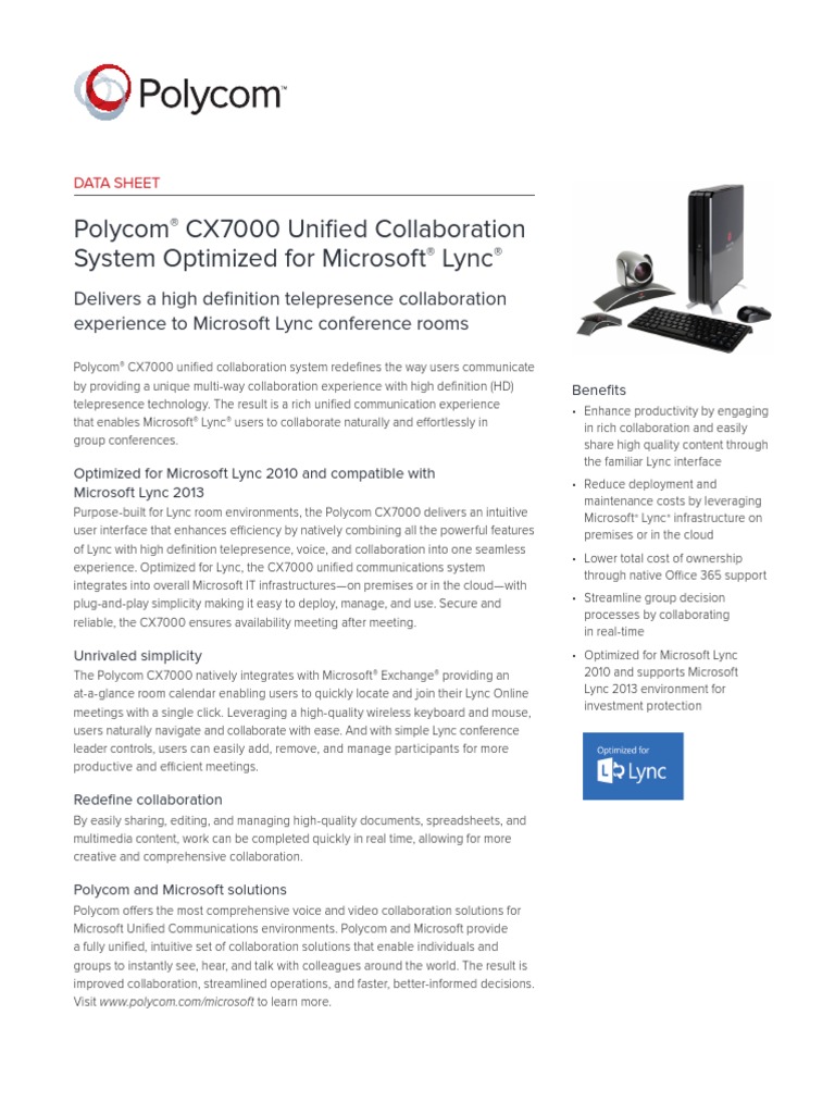 Polycom CX7000 Unified Collaboration System Optimized For Microsoft Lync | Download Free PDF ...