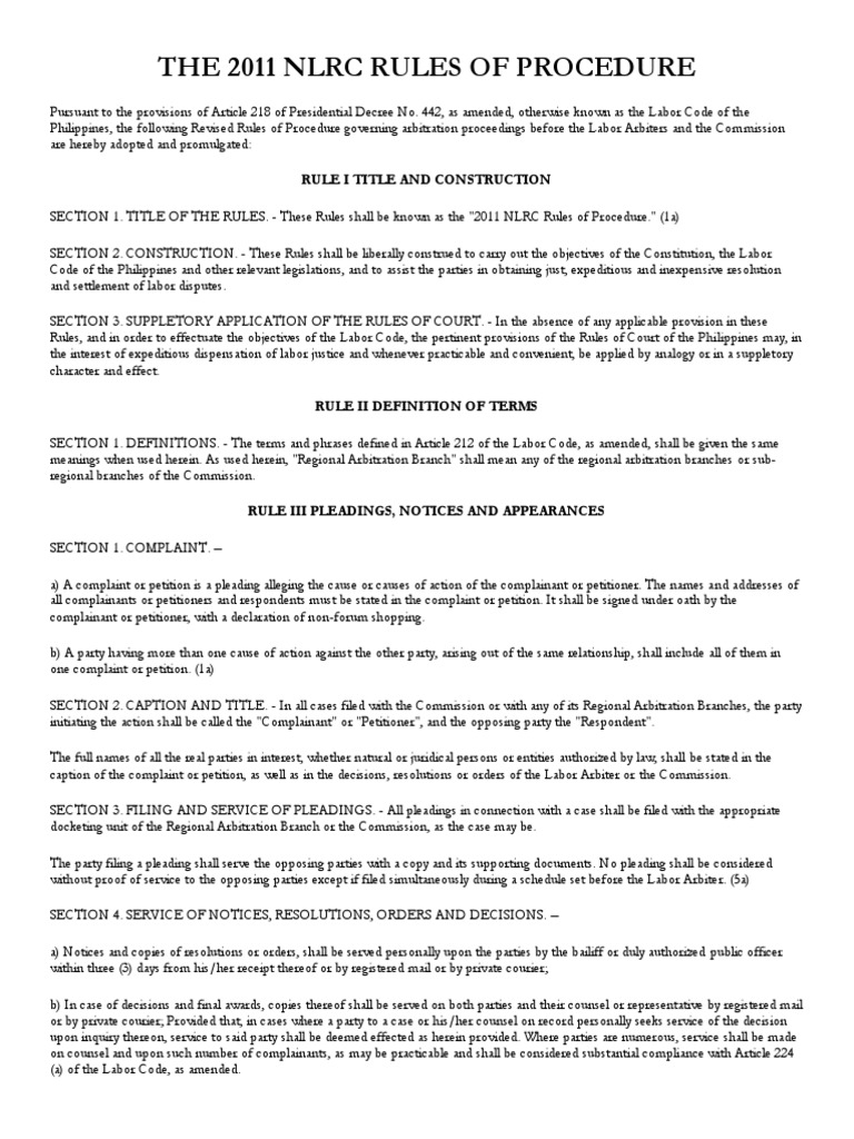 The 2011 NLRC Rules of Procedure | PDF | Arbitration | Pleading