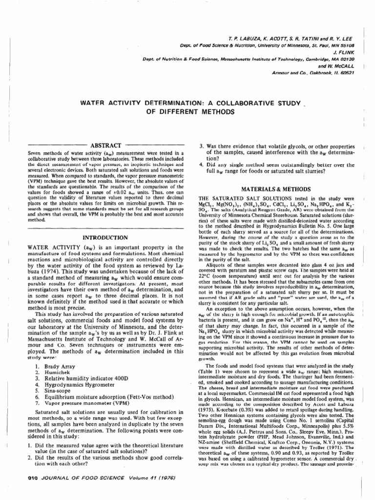 Water Activity Measurement Methods | PDF | Pressure Measurement ...