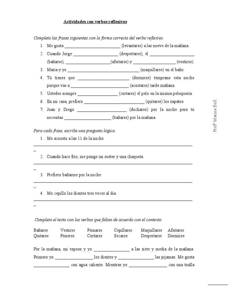 Actividad Con Los Verbos Reflexivos | PDF