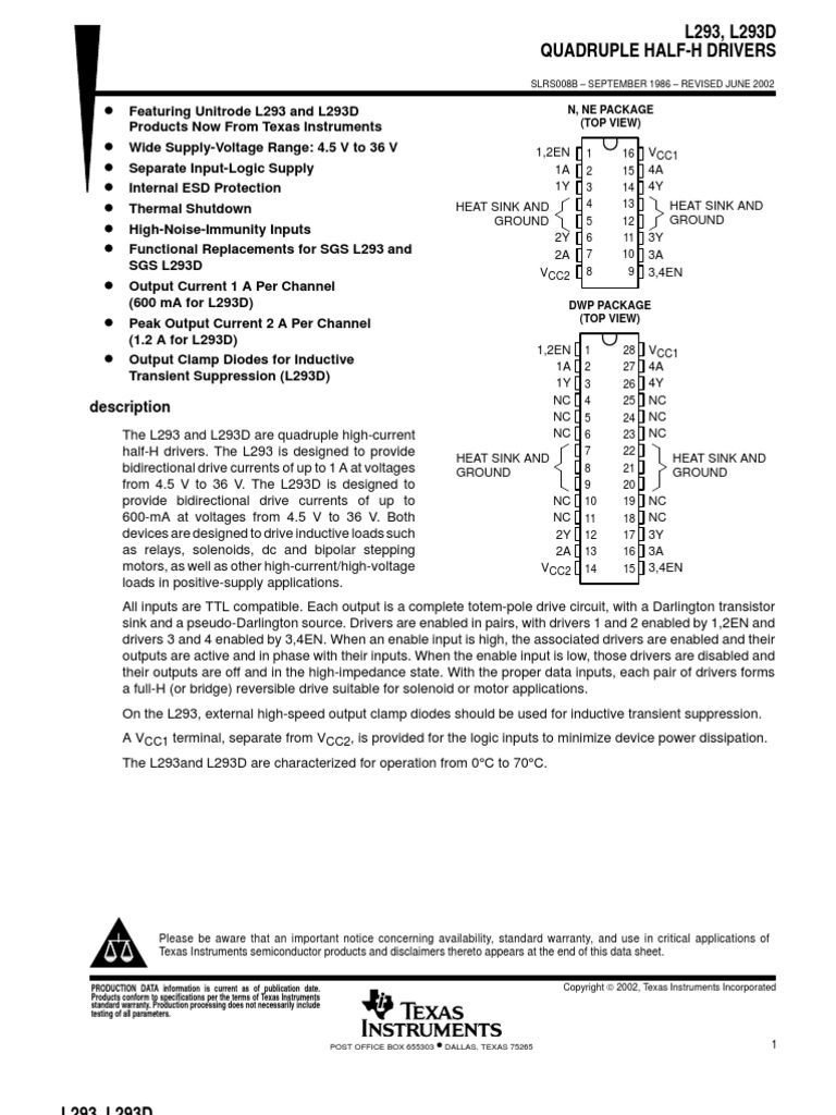 L293D Motor Driver Datasheet | PDF | Electrical Engineering ...