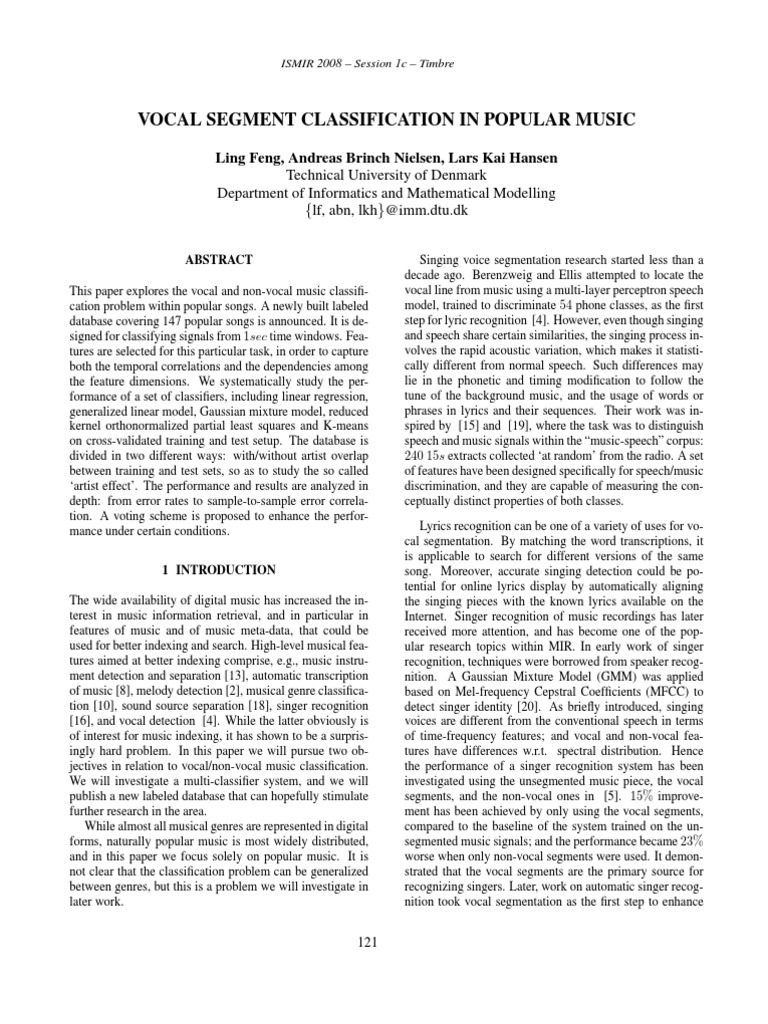 Vocal Segment Classification in Popular Music | PDF | Cluster Analysis ...