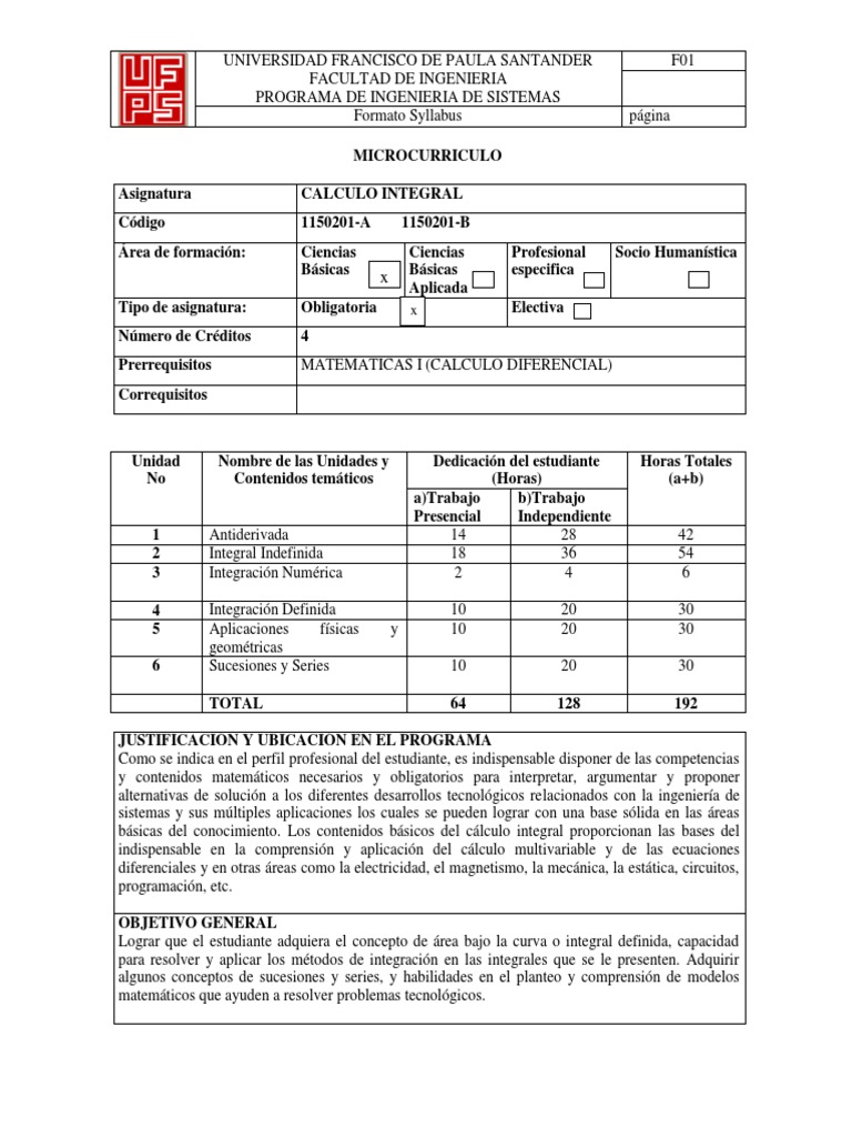 Formato - Syllabus - Ing - Sis Cálculo Integral | PDF | Integral | Cálculo