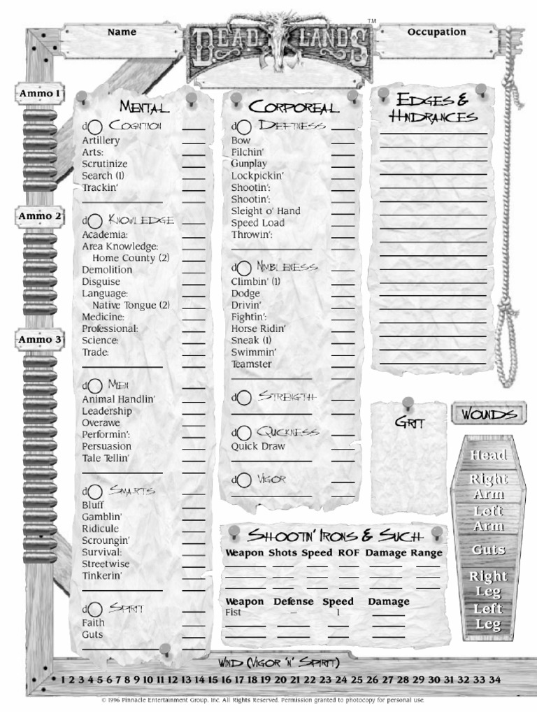 Deadlands Classic Form Fillable Character Sheet - Printable Forms Free ...