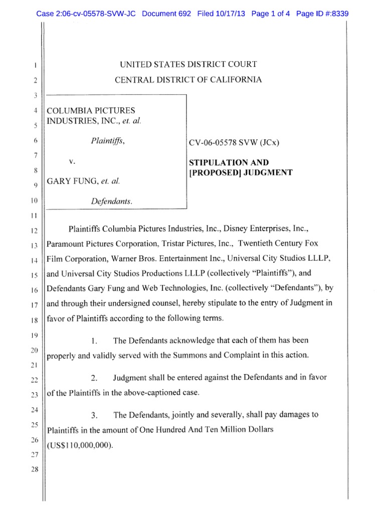 Stipulation and Proposed Judgment Shutting Down Isohunt | PDF