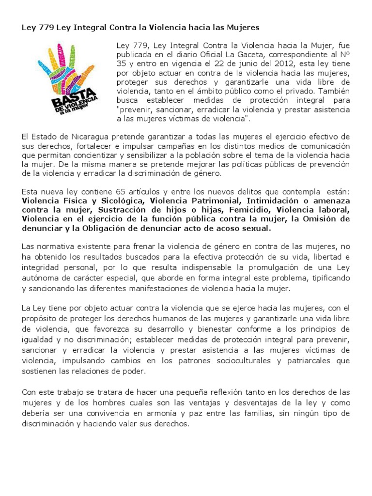 Exposicion Ley 779 Ventajas y Desventajas PDF | PDF | Mujer | Igualdad social