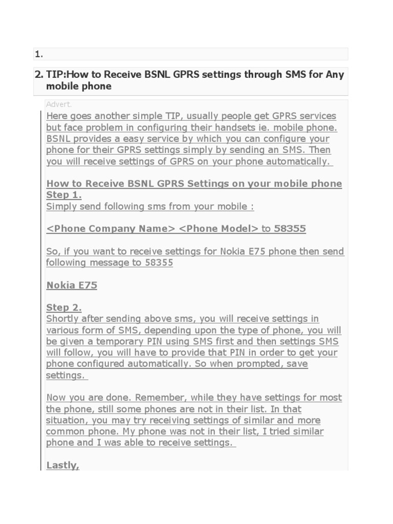 BSNL GPRS Settings Through SMS | PDF | Short Message Service | Mobile ...