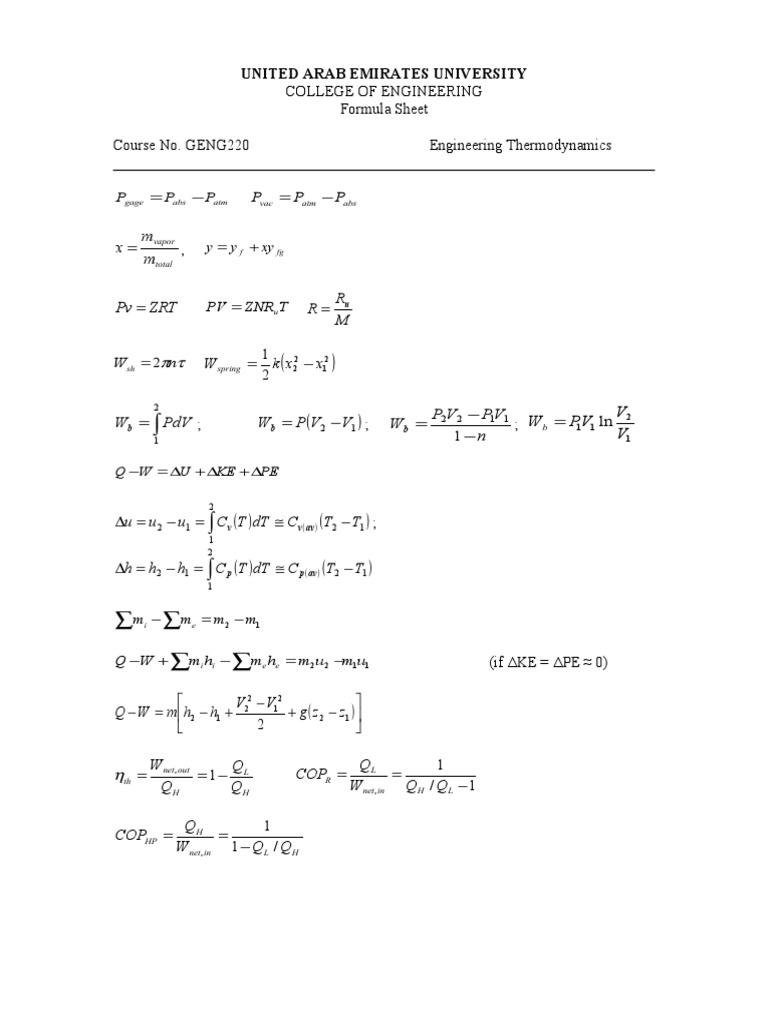 College of Engineering Formula Sheet Course No. GENG220 Engineering Thermodynamics | PDF ...
