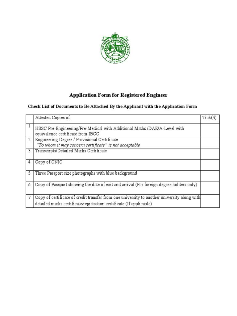 Pakistan Engineering Council Registration Form | Postgraduate Education ...