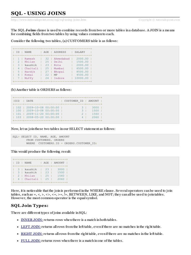 SQL Using Joins PDF | PDF | Table (Database) | Sql SQL Using Joins PDF | PDF | Table (Database) | Sql