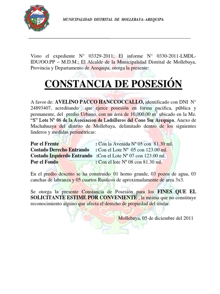 Modelo de Constancia de Posesión | PDF