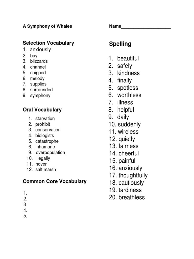 Symphony of Whales Vocabulary Guide | PDF | Home & Garden | Science ...