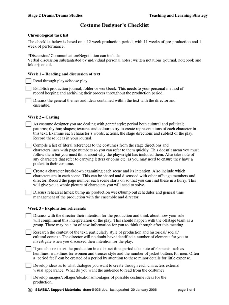 Costume Designer Checklist | PDF | Costume | Leisure