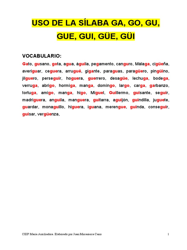 Actividades de sílabas ga, go, gu, gue, gui | PDF | Ocio | Naturaleza