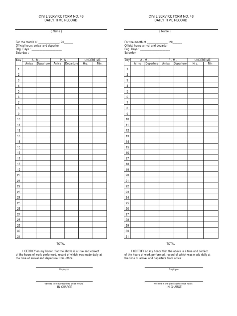 Civil Service Form No. 48 DTR Template | PDF
