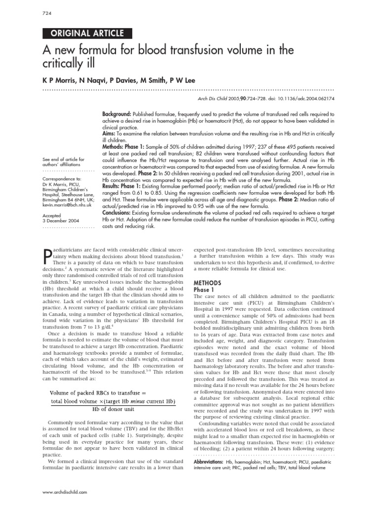 A New Formula For Blood Transfusion Volume in The | PDF | Blood ...