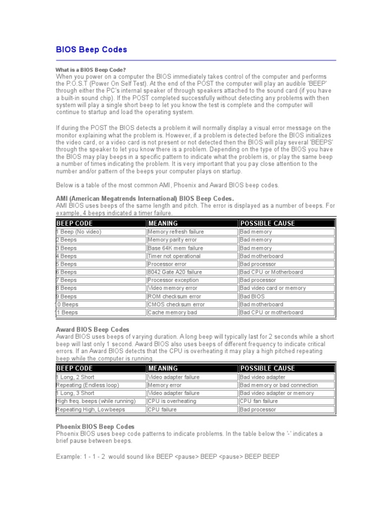 BIOS Beep Codes | PDF | Bios | Personal Computing