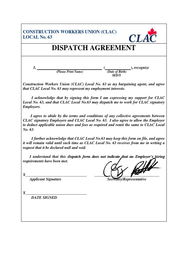 CLAC Local 63 Dispatch Agreement | PDF | Labor | Industrial Relations