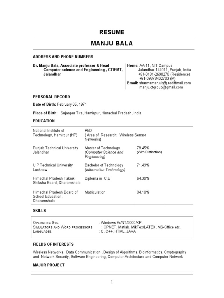 Dr. Manju Bala Resume Upload 2013 | PDF | Institute Of Technology ...