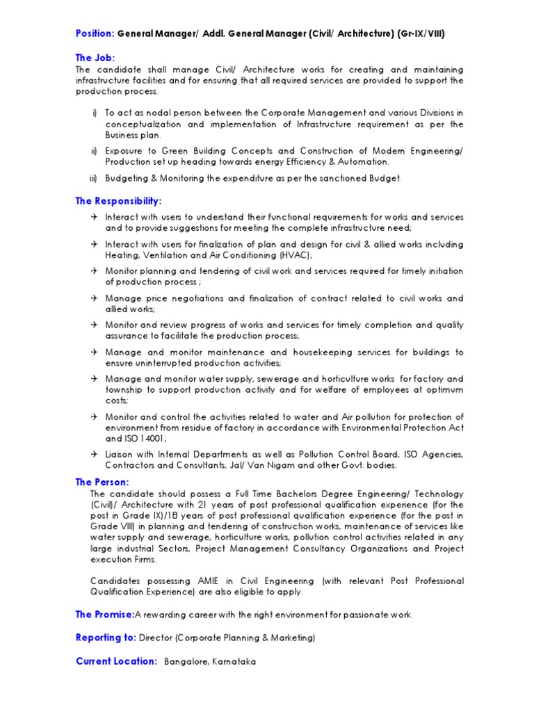 Position: The Job:: General Manager/ Addl. General Manager (Civil ...